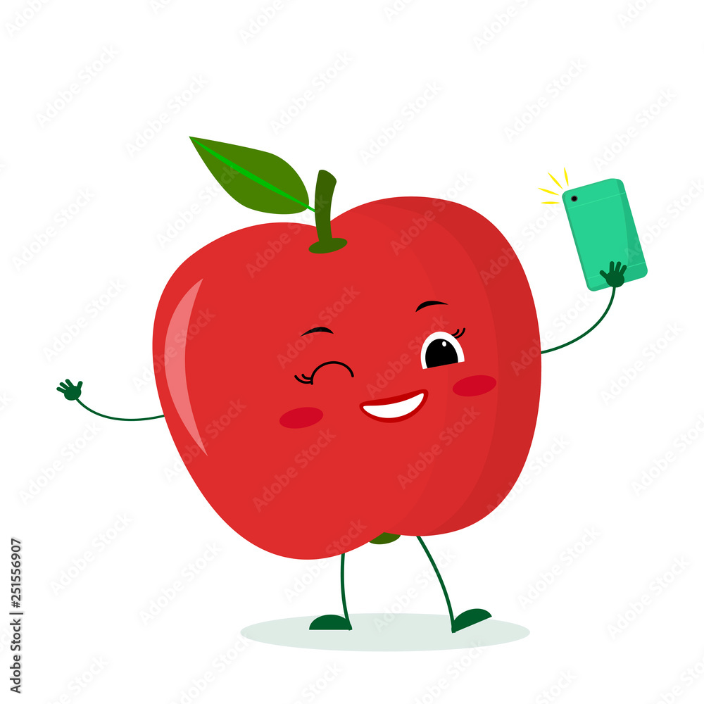 Cute red apple cartoon character with a smartphone and does selfie ...