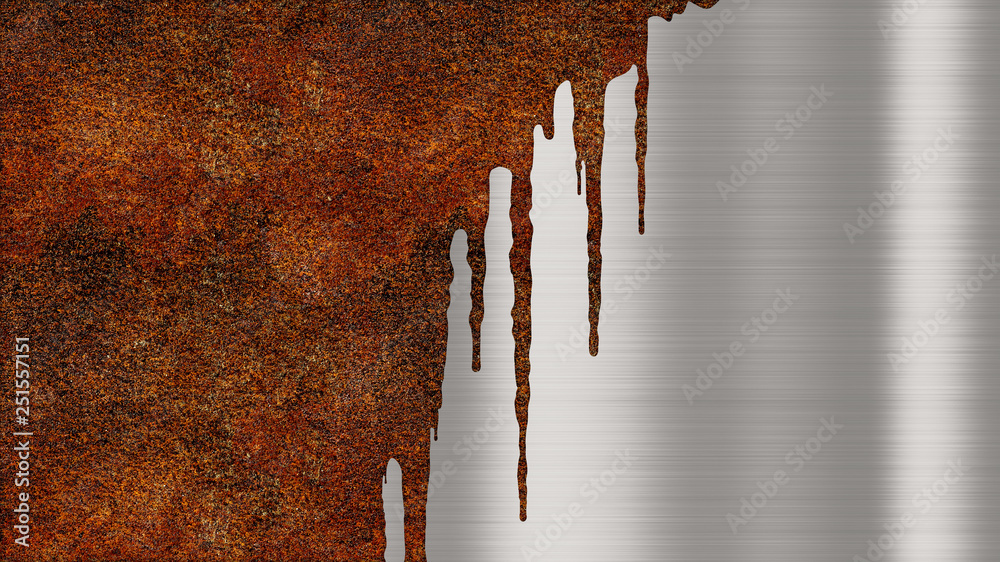 Shiny polished metal background texture with rusty drips of liquid ...
