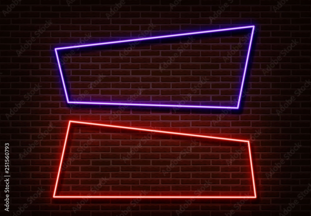 Neon shape sign vector. Light border form isolated on brick wall. Neon ...