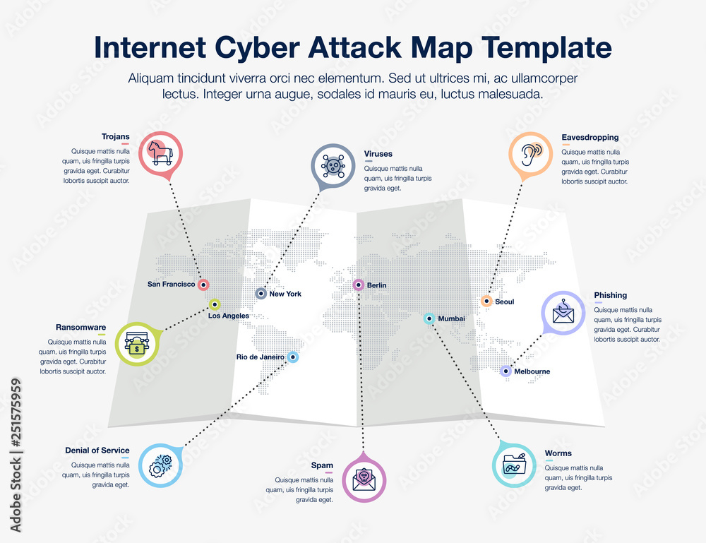 Infographic for internet cyber attack world map with 8 symbols for ...