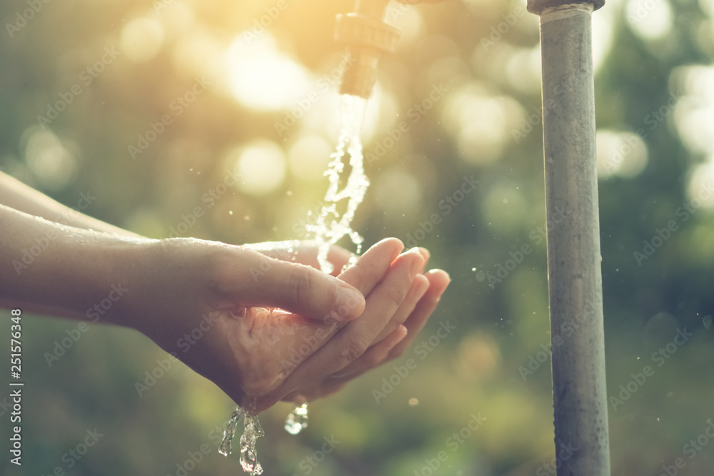 Water from tap to woman hand in nature green park and sunset sky with ...
