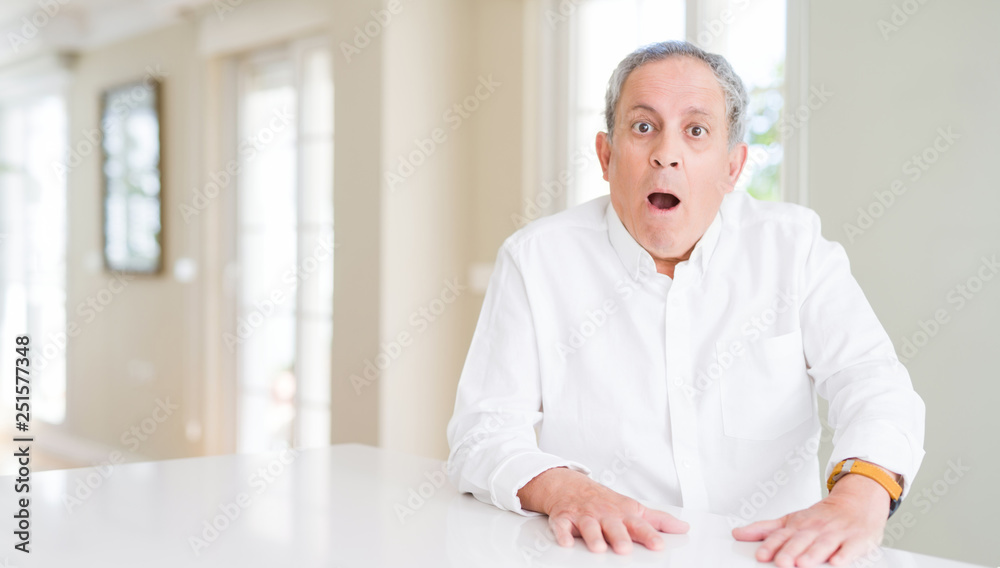 Handsome senior man at home afraid and shocked with surprise expression ...