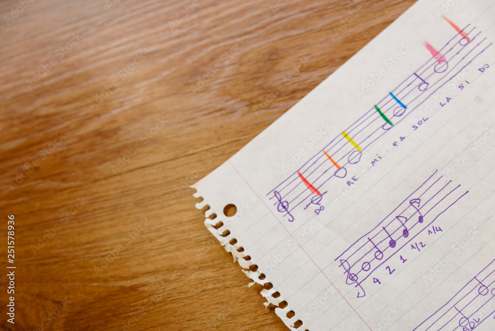 Sheet of a music school with a simple score with the basic notes and ...