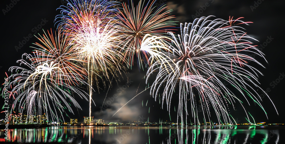 10,000 fireworks launched into the air over Lake Biwa in Japan, a ...