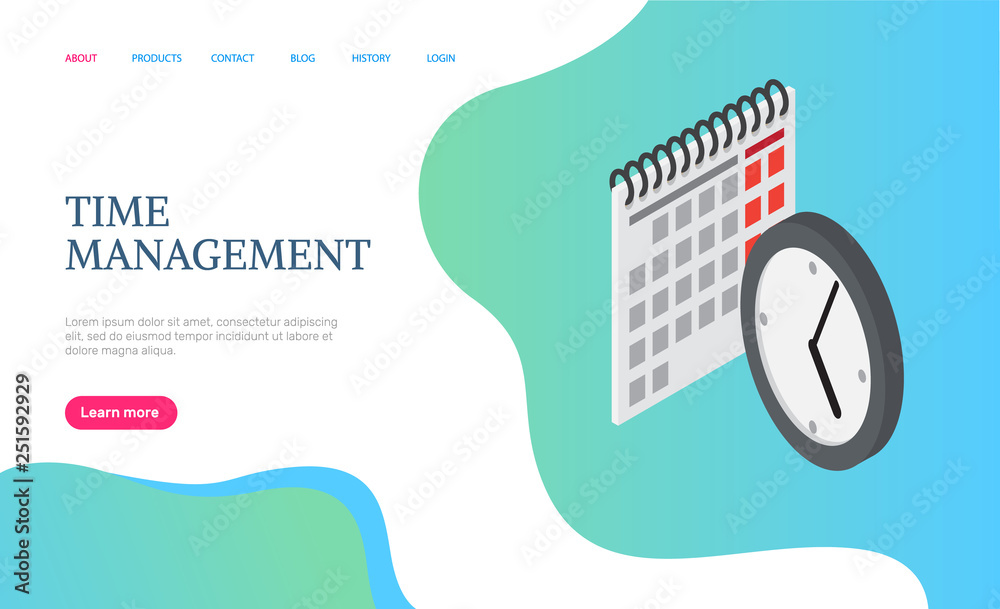 Time management web page decorated by 3D calendar and round clock on ...