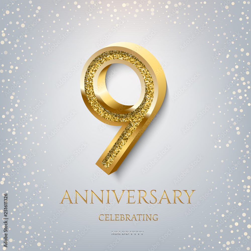 9th Anniversary Celebrating golden text and confetti on light blue ...
