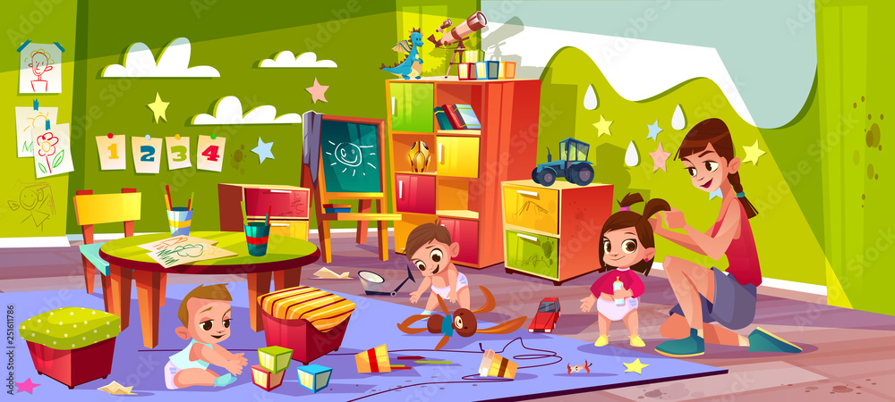 Children in nursery school cartoon vector. Baby boys playing toys ...