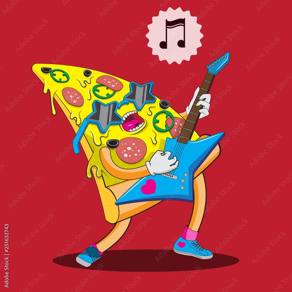 Pizza character plays guitar and sings. Vector image. Stock Vector ...