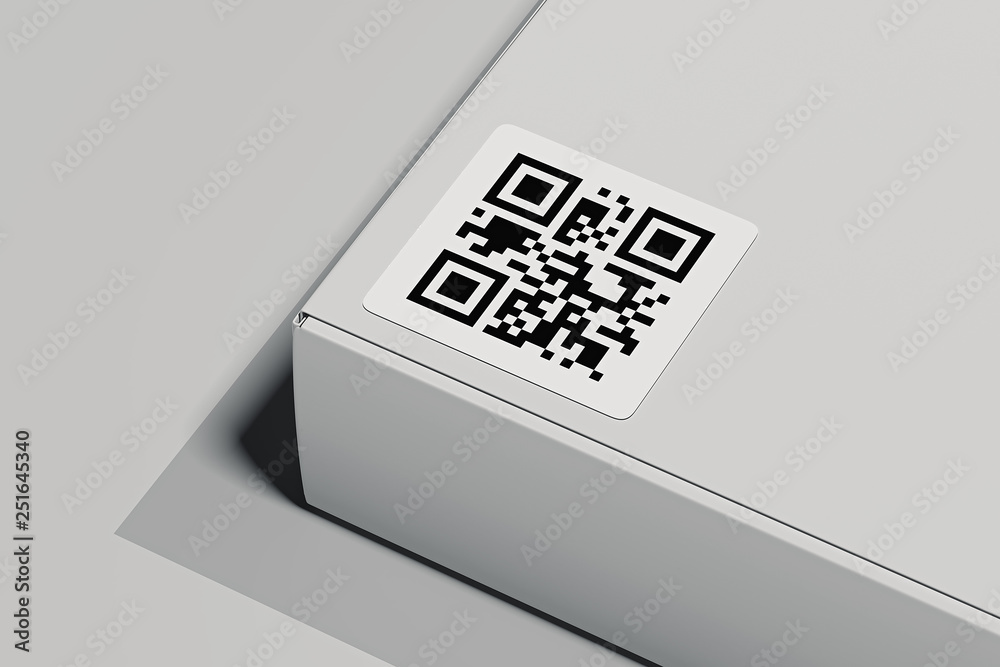 QR code on white box isolated on light background. 3d rendering. Stock ...