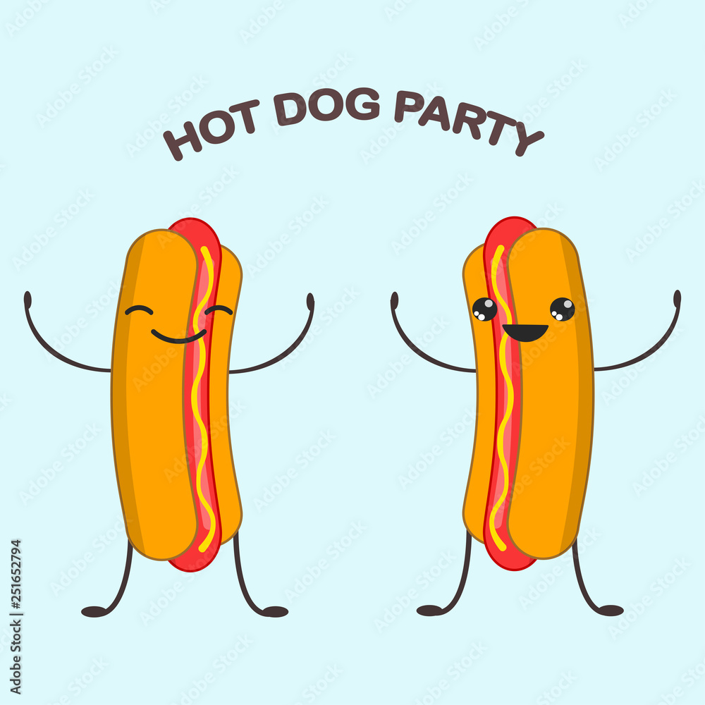 Funny hot dog. Kawaii fast food. Sausage with bread and sauce, ketchup ...