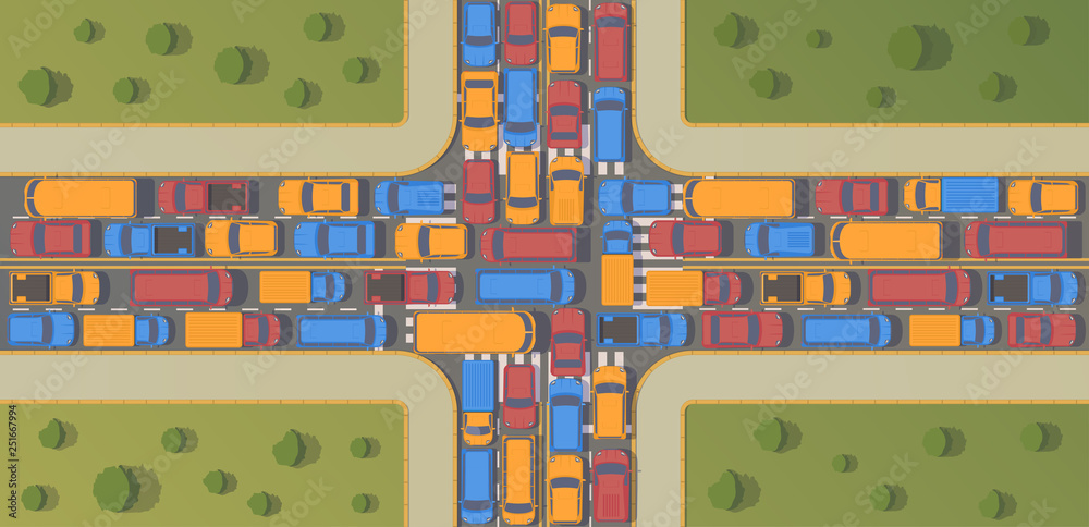 Traffic jam on crossroad. Large congestion of cars. Top view flat ...