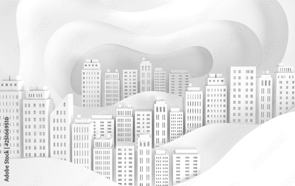 White paper skyscrapers and waves. Achitectural building in panoramic ...