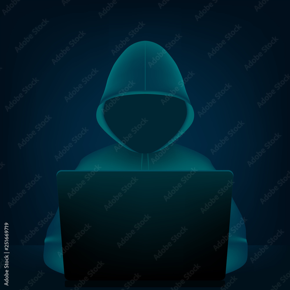 Creative vector illustration of computer hacker with hoodie and dark obscured face, pc laptop on ...