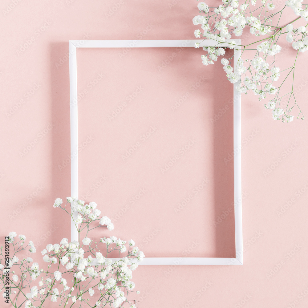 Flowers composition romantic. White gypsophila flowers, photo frame on ...