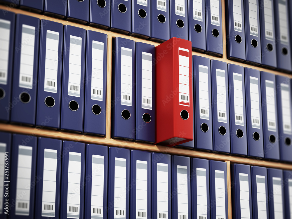 Red folder standing out among black ones inside wooden shelves. 3D ...