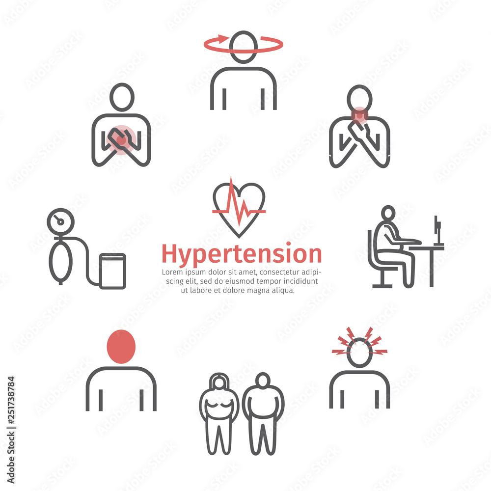 Hypertension banner. Symptoms, Treatment. Line icons set. Vector signs ...
