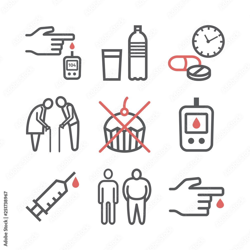 Diabetes Mellitus line icons. Symptoms and Symbols. Stock Vector ...
