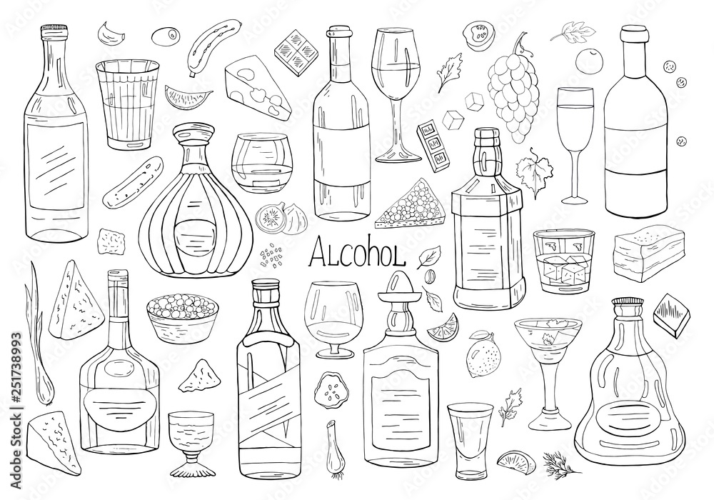 Vector hand drawn big set of alcohol elements isolated on white ...