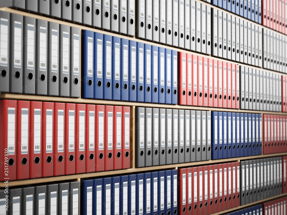 Multi colored folders arranged inside wooden shelves. 3D illustration ...