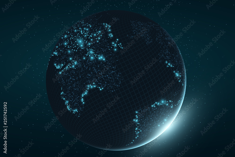 Futuristic planet Earth. Glowing map of square dots. Abstract ...