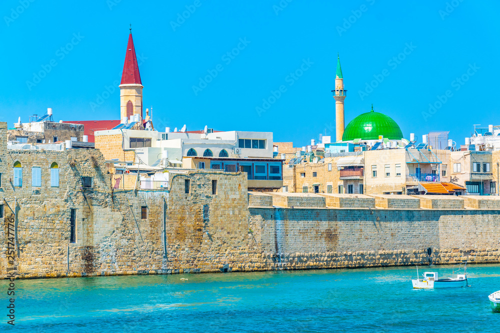 Cityscape of Akko dominated by Al Jazzar mosque and terra sancta church ...