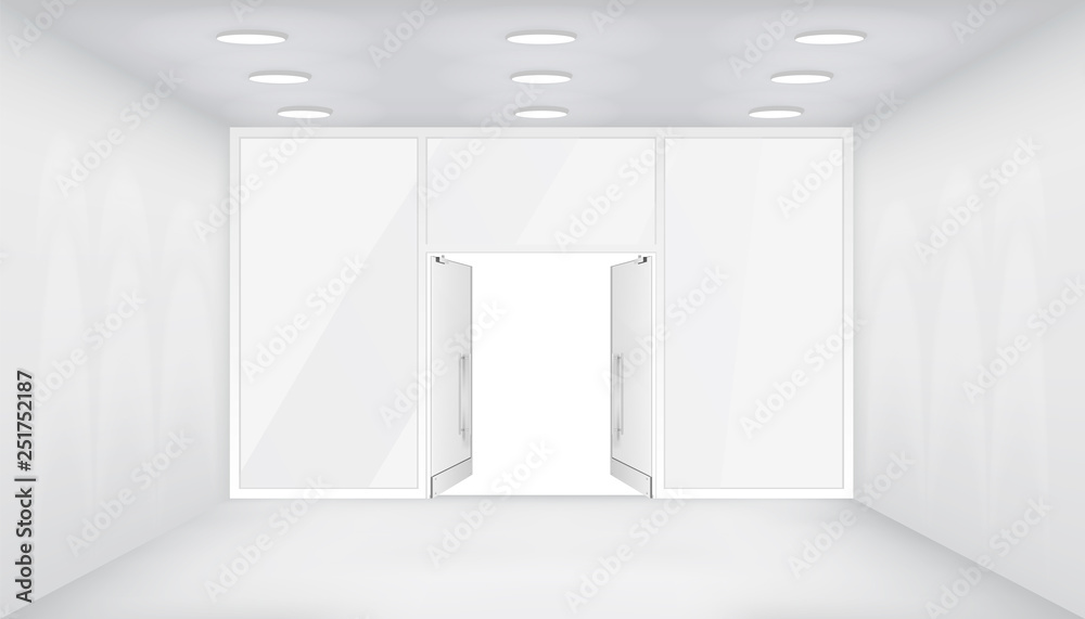 Open doors store interior 3d shop empty space light realistic windows ...