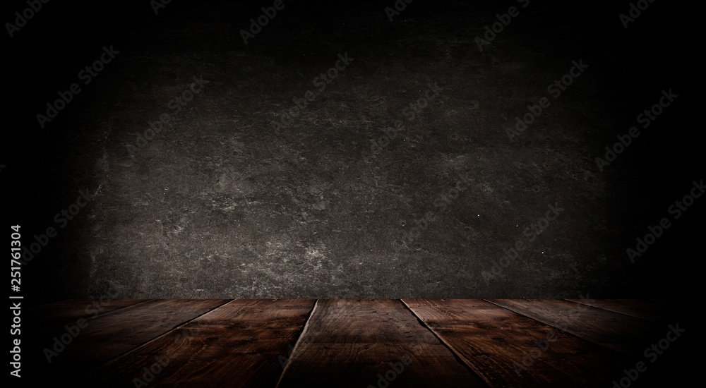 Dark empty room with brick walls and neon lights, smoke, rays. Brick ...