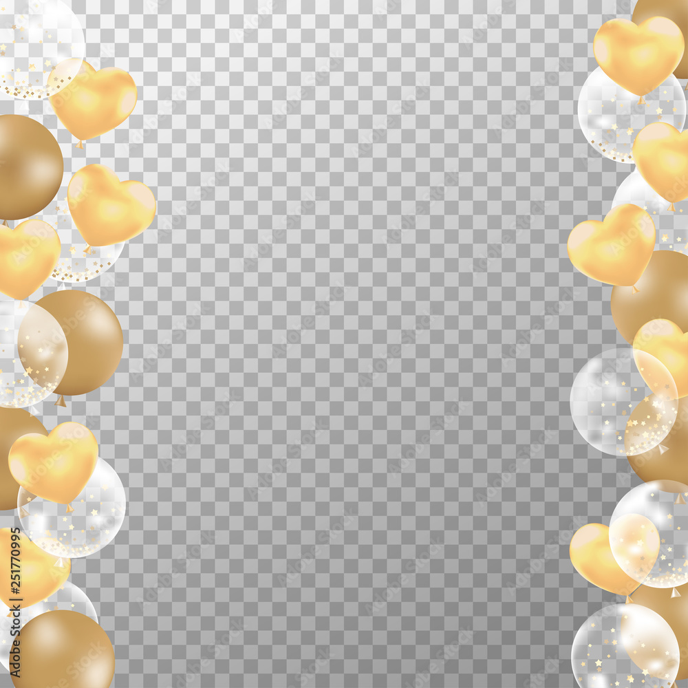 Realistic golden balloons frame with transparent background. Golden ...