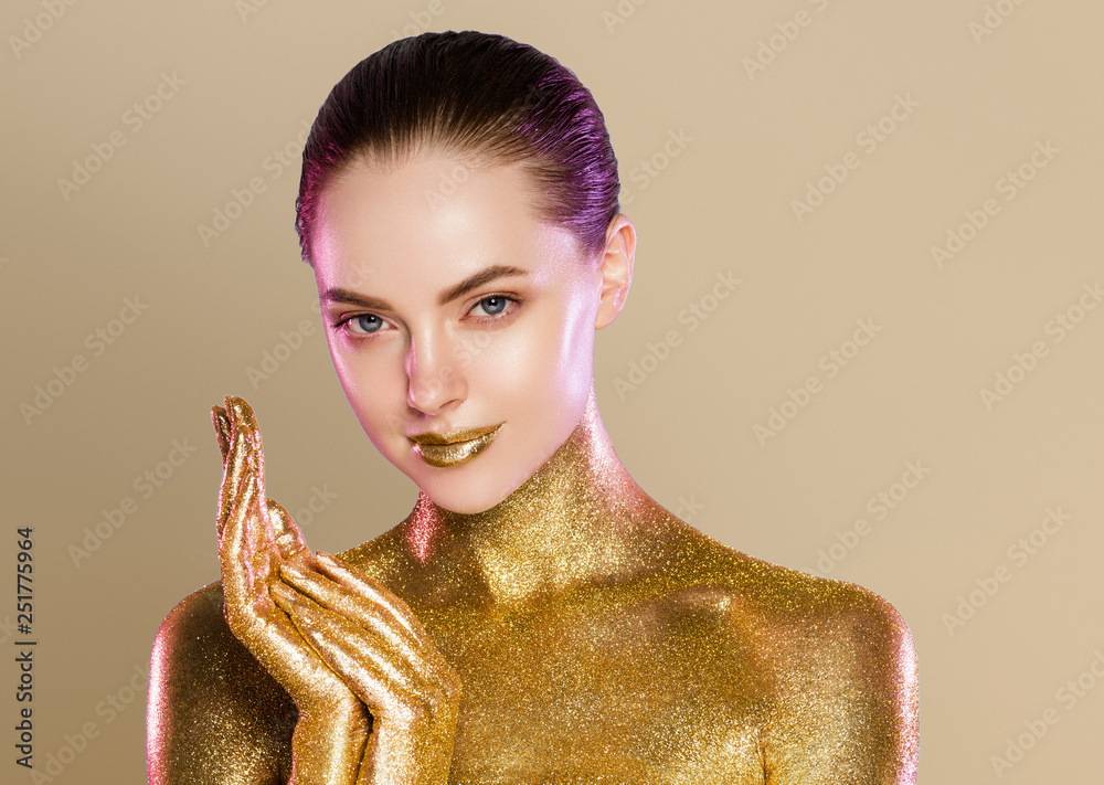 Gold skin woman, golden skin neck and hands female model beauty ...