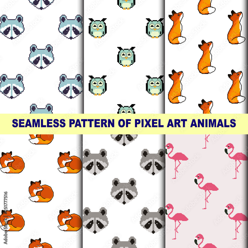 Vector set of cute pixel animals. Pixel art seamless pattern. 8 bit ...