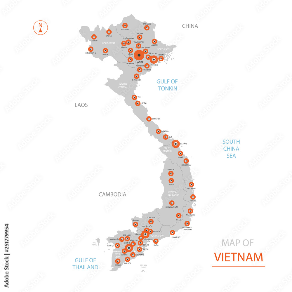 Stylized vector Vietnam map showing big cities, capital Hanoi ...