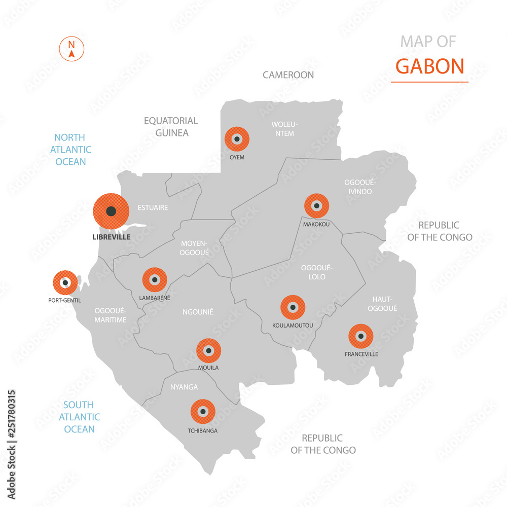 Stylized vector Gabon map showing big cities, capital Libreville ...