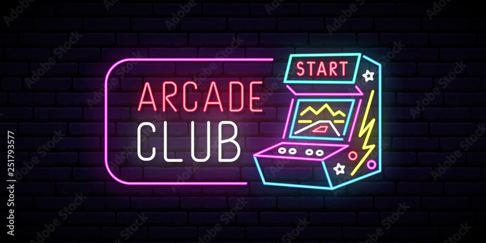 Arcade game machine neon sign. Arcade club emblem. Advertising design ...