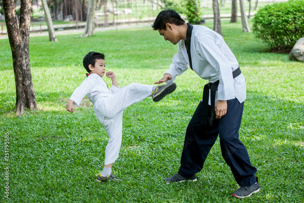 father coach is training his son boy taekwondo kick in green park ...