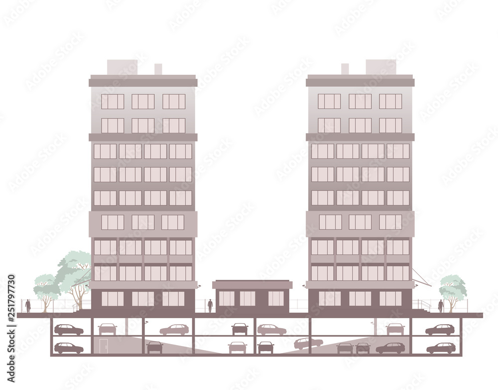 Scheme of office building with underground parking. Vector illustration ...