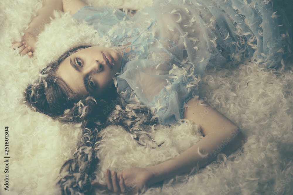 Mattress created exclusively for her. Pretty girl in silky pajamas with ...