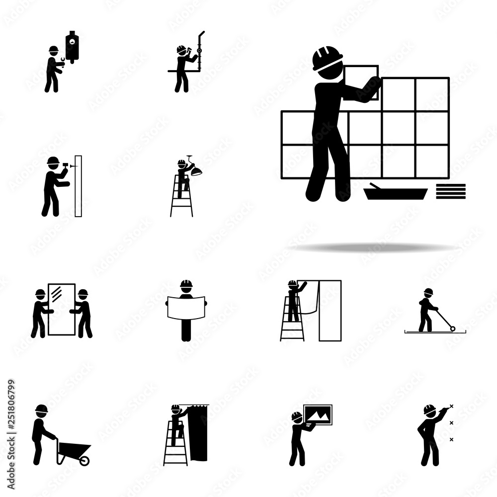 worker puts tile icon. Construction People icons universal set for web ...
