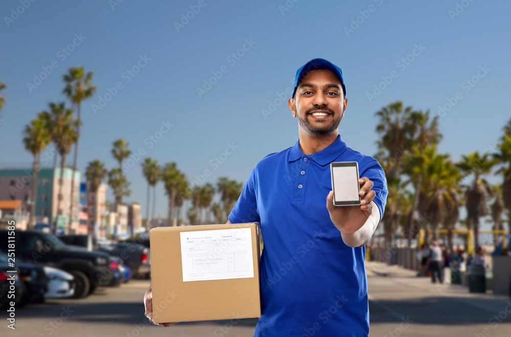 mail service, technology and shipment concept - happy indian delivery ...