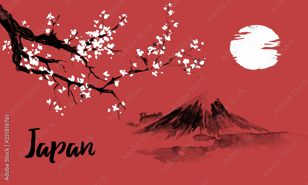 Japan traditional sumi-e painting. Sakura, cherry blossom. Fuji ...