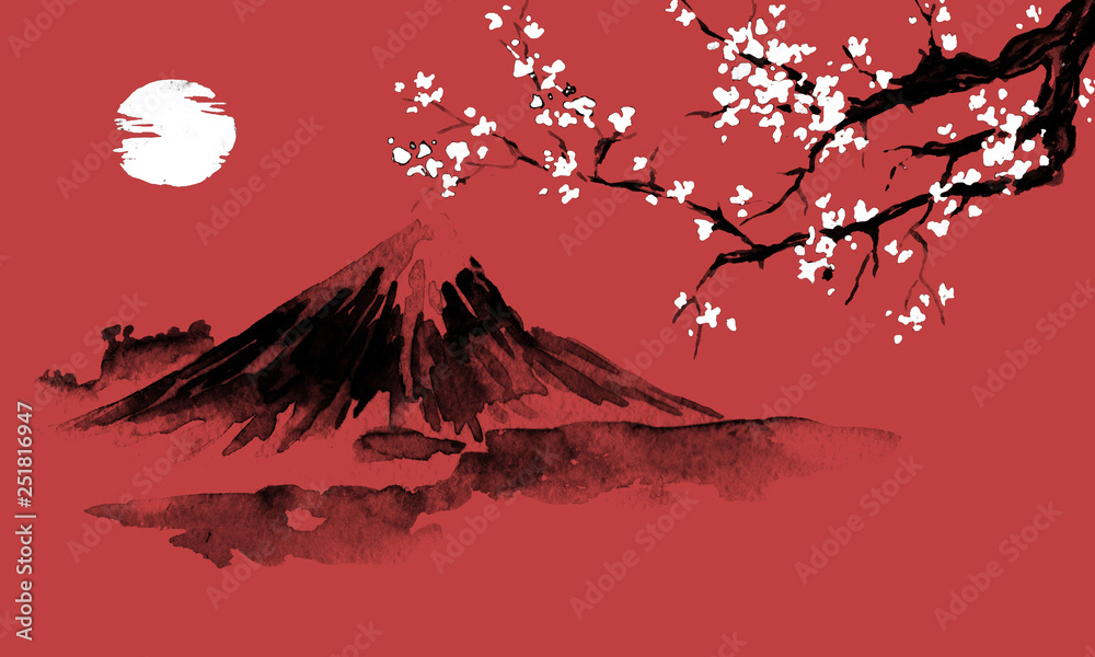 Japan traditional sumi-e painting. Fuji mountain, sakura, sunset. Japan ...