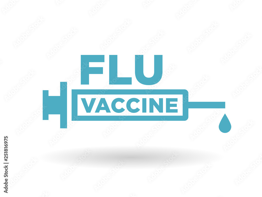 Flu vaccine health icon badge with blue syringe sign. Medical influenza ...
