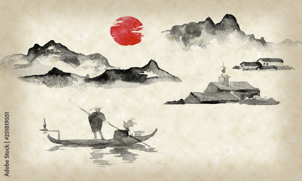 Japan traditional sumi-e painting. Indian ink illustration. Man and ...