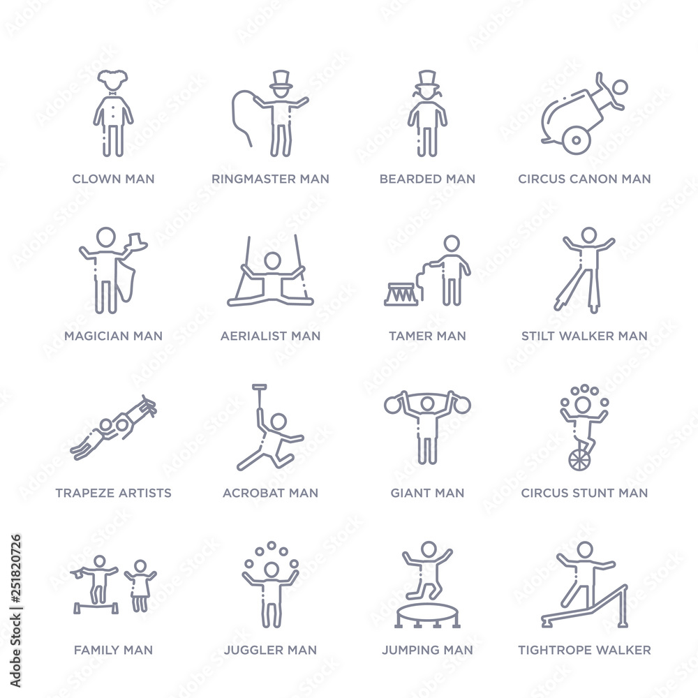 set of 16 thin linear icons such as tightrope walker man, jumping man ...