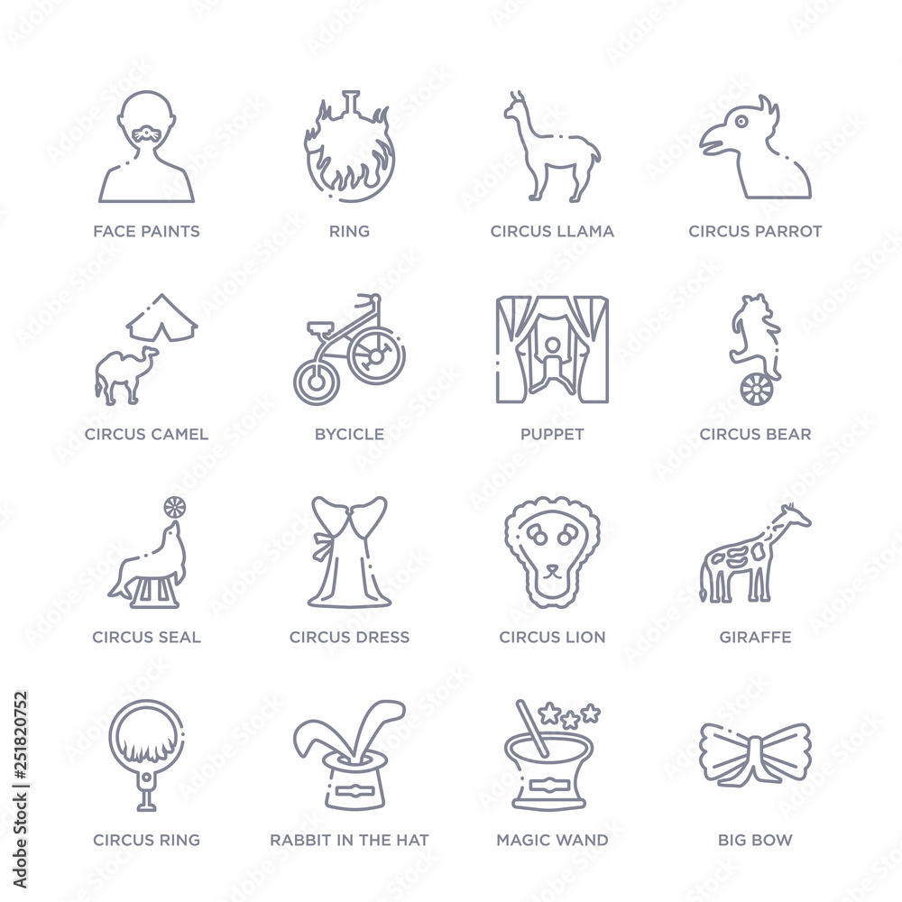 set of 16 thin linear icons such as big bow, magic wand, rabbit in the hat, circus ring, giraffe ...