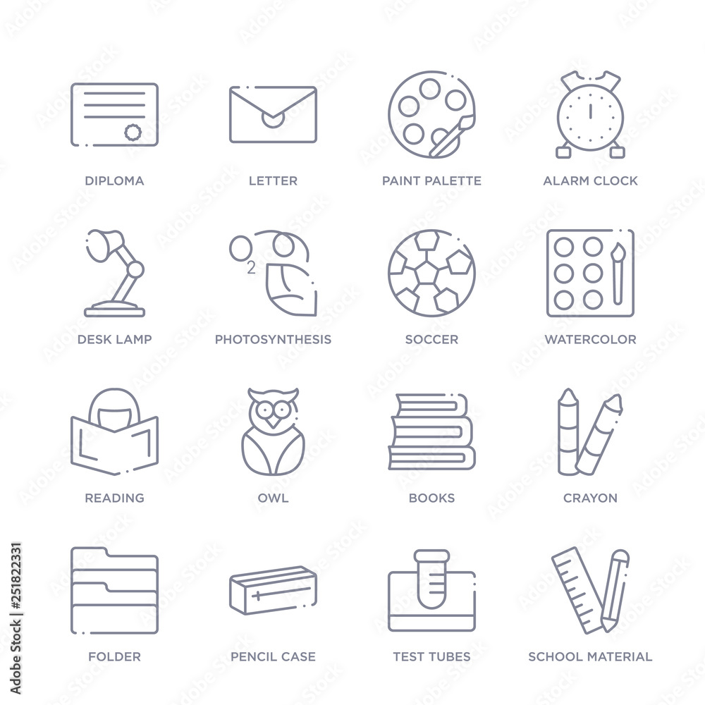 Vettoriale Stock Set Of 16 Thin Linear Icons Such As School Material Test Tubes Pencil Case