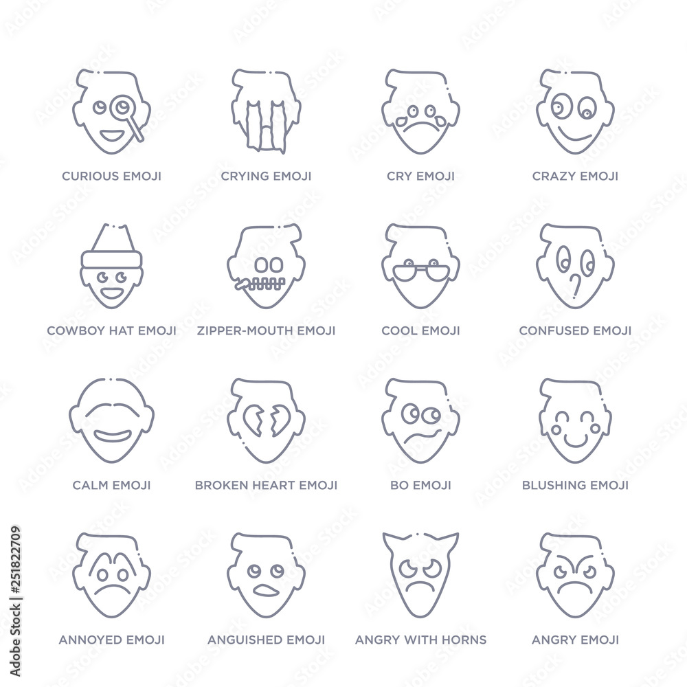 set of 16 thin linear icons such as angry emoji, angry with horns emoji ...
