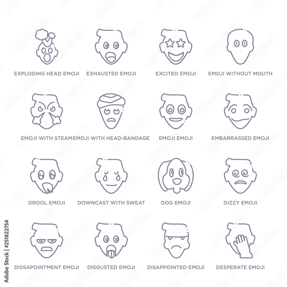 set of 16 thin linear icons such as desperate emoji, disappointed emoji ...