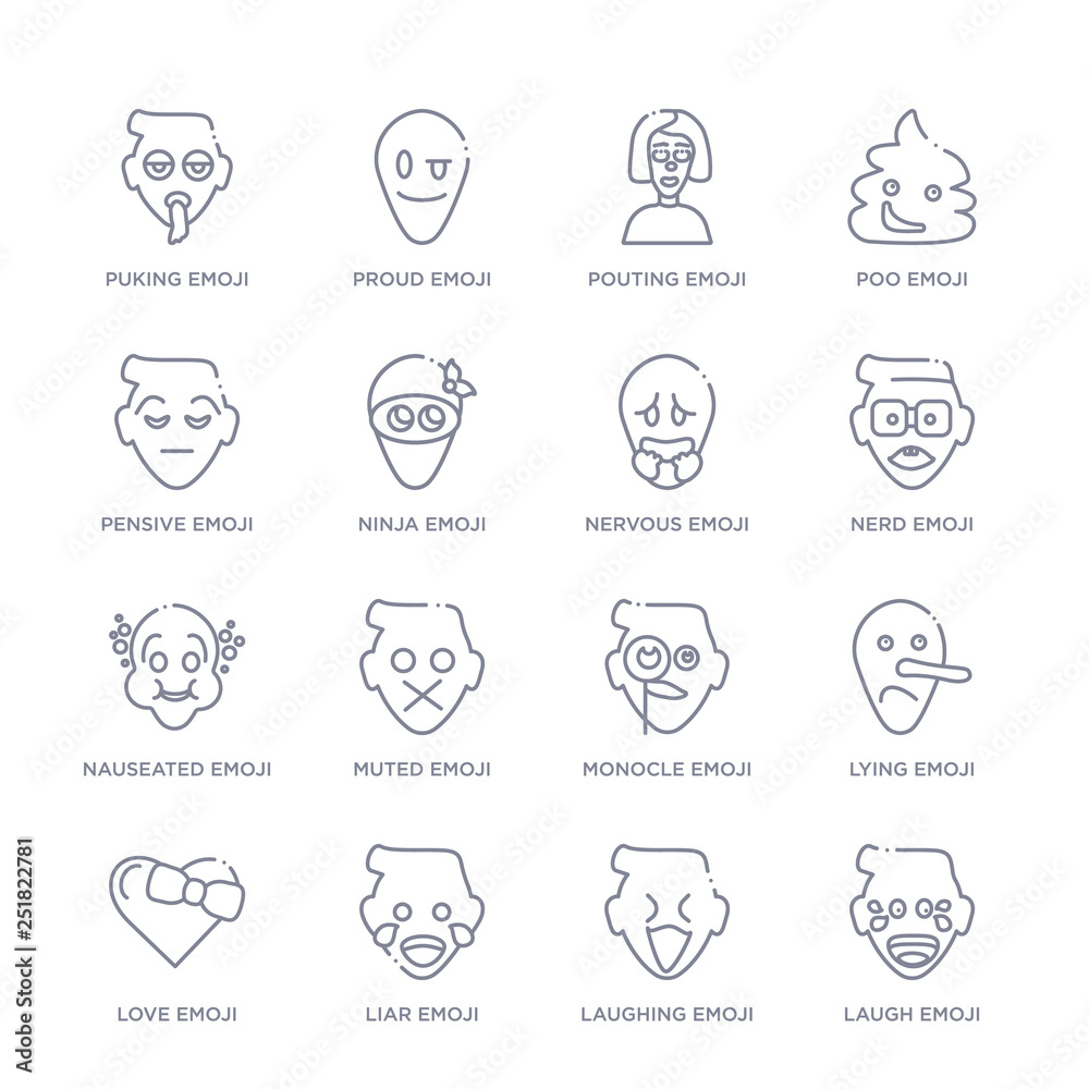 set of 16 thin linear icons such as laugh emoji, laughing emoji, liar ...
