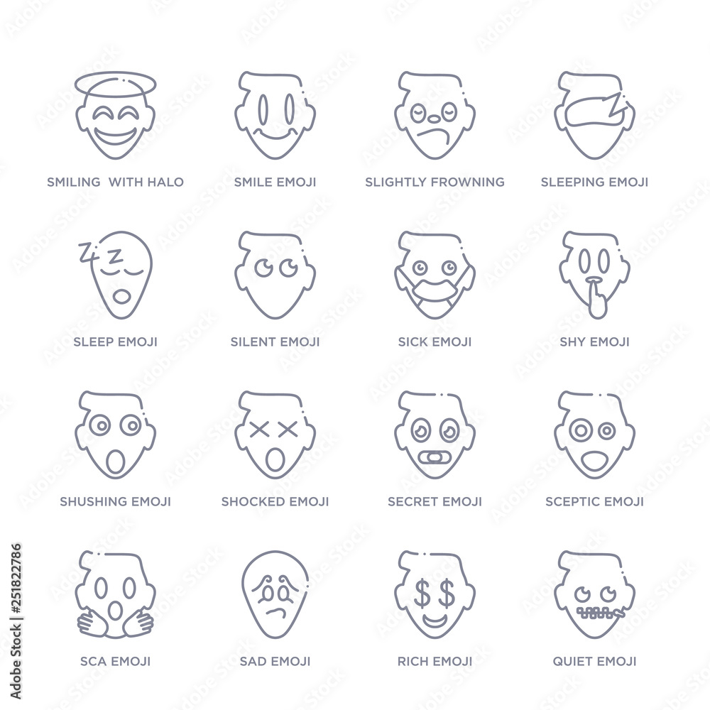 set of 16 thin linear icons such as quiet emoji, rich emoji, sad emoji ...