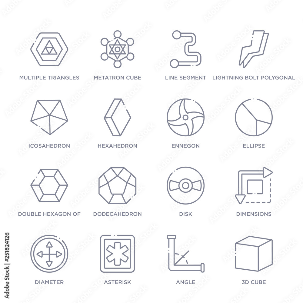 set of 16 thin linear icons such as 3d cube, angle, asterisk, diameter ...